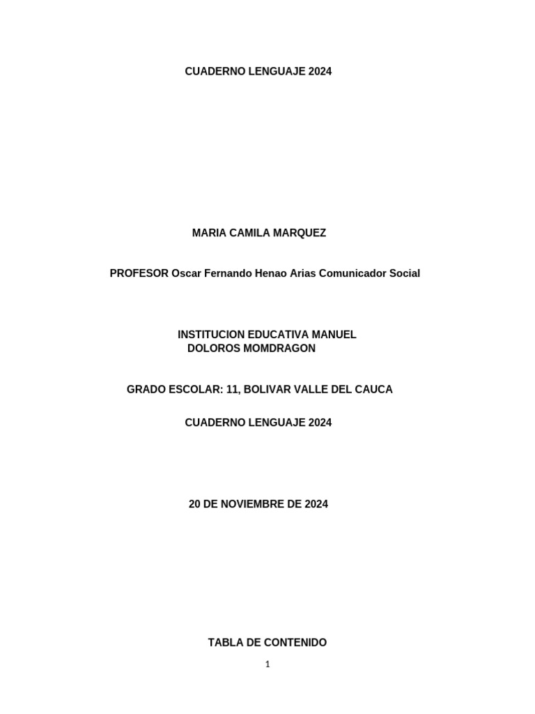 CUADERNO LENGUAJE 2024 Maria Camila Marquez 2 | PDF | Ensayos | Hablar ...