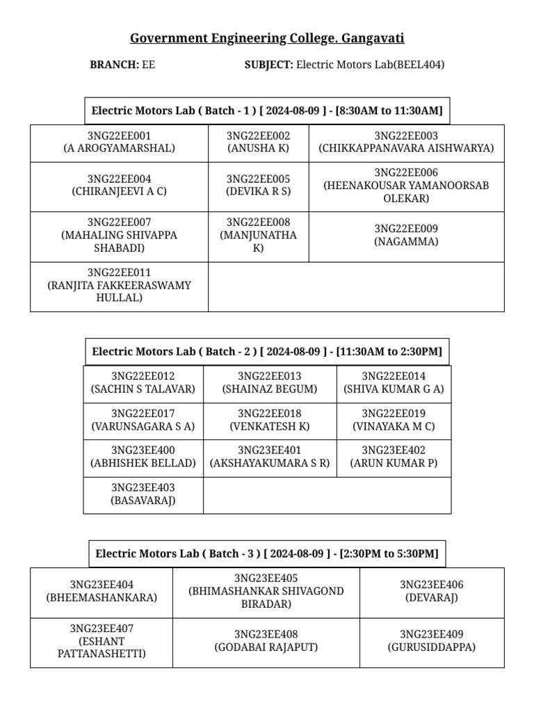 Electric Motors Lab Schedule 2024 | PDF