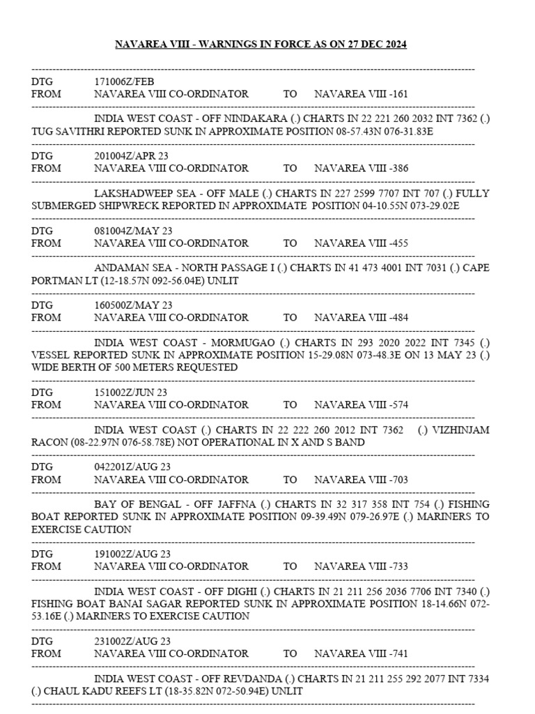 NAVAREA VIII Warnings Summary 2024 | PDF | Water Transport