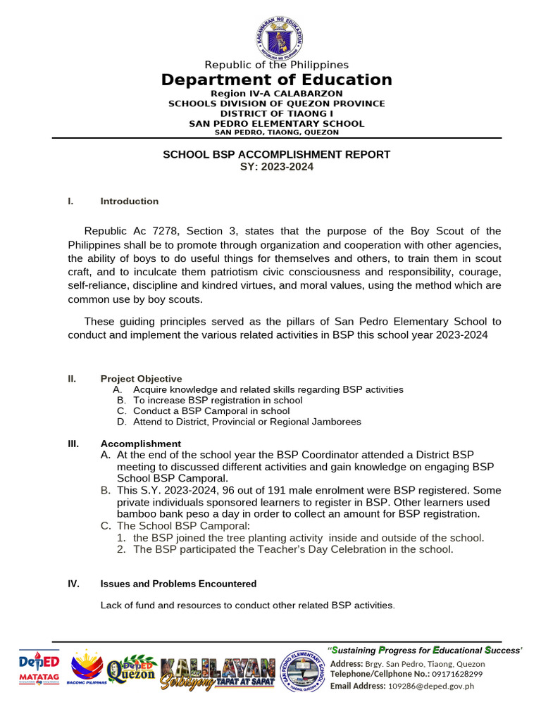 Accomplishment Report On BSP SY 2023 - 2024 Final | PDF