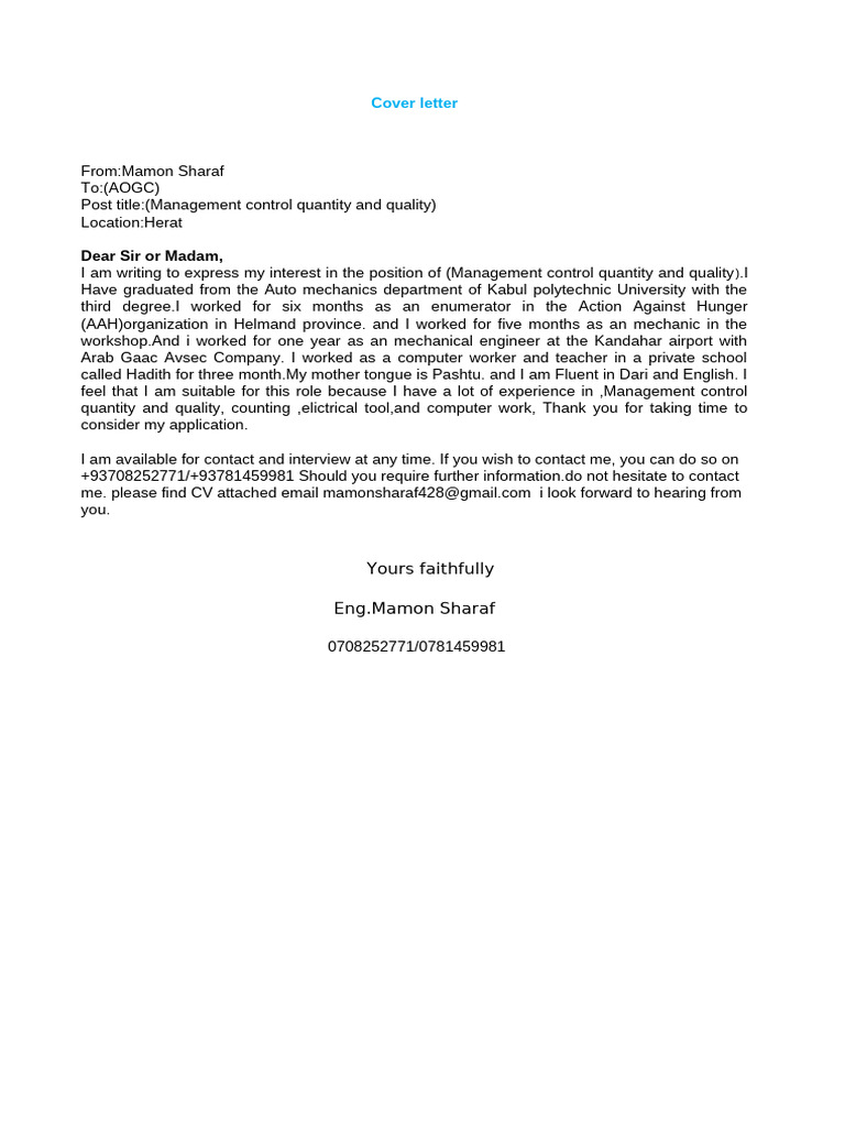 Mamon Sharaf CV, Management Control Quantity and Quality Herat | PDF ...