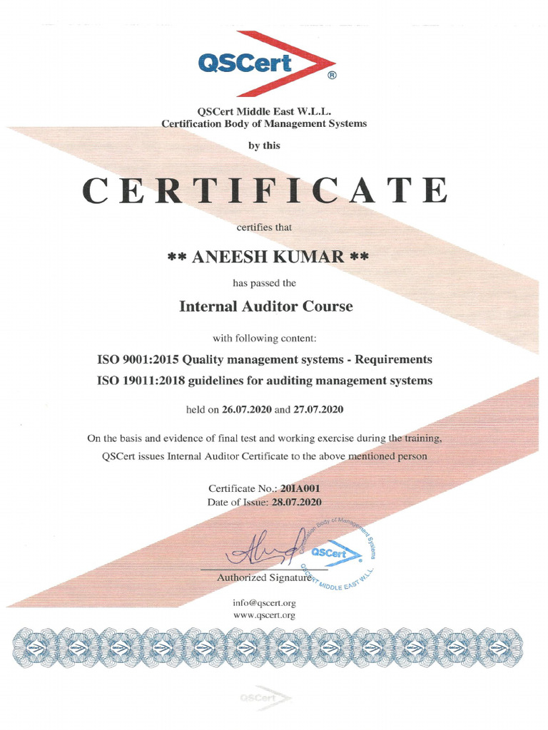 ISO Internal Auditor Certificate | PDF