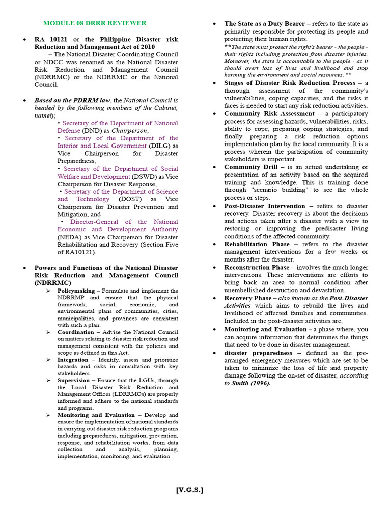 Module 08 Drrr Reviewer | PDF | Emergency Management | Disaster Risk Reduction