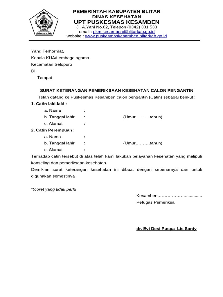 Surat Keterangan Kesehatan Catin Blitar | PDF