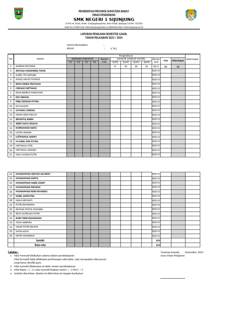 Blanko Nilai Rapor Ganjil 2023-2024 | PDF