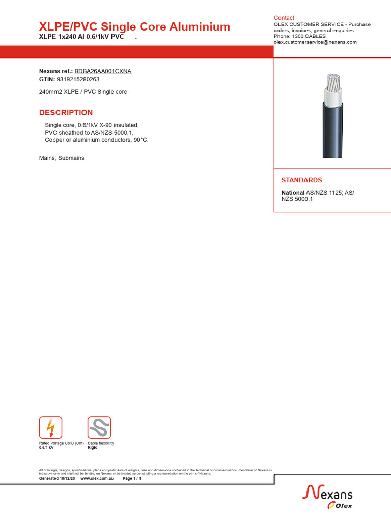 Olex XLPE PVC 1C Alum 240mm2 | PDF | Electrical Conductor | Insulator ...