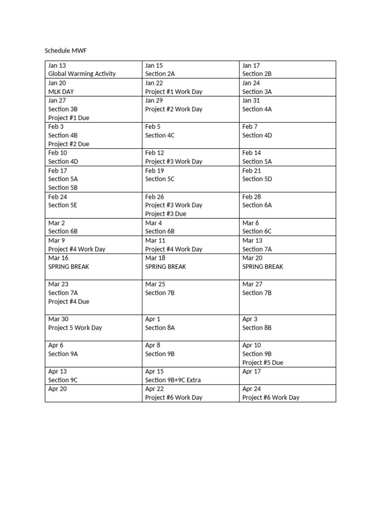 MWF Class Schedule and Project Deadlines | PDF