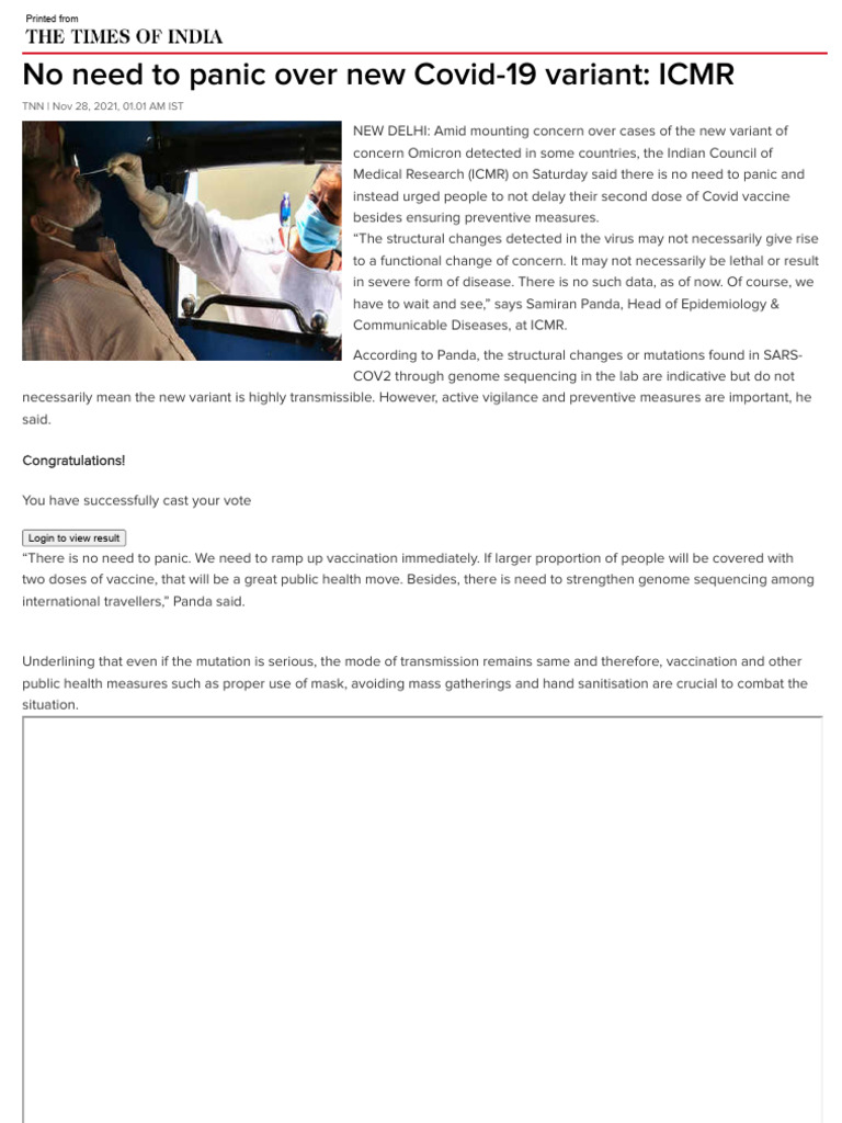 ICMR: No Panic Over Omicron Variant | PDF | Global Health | Medicine