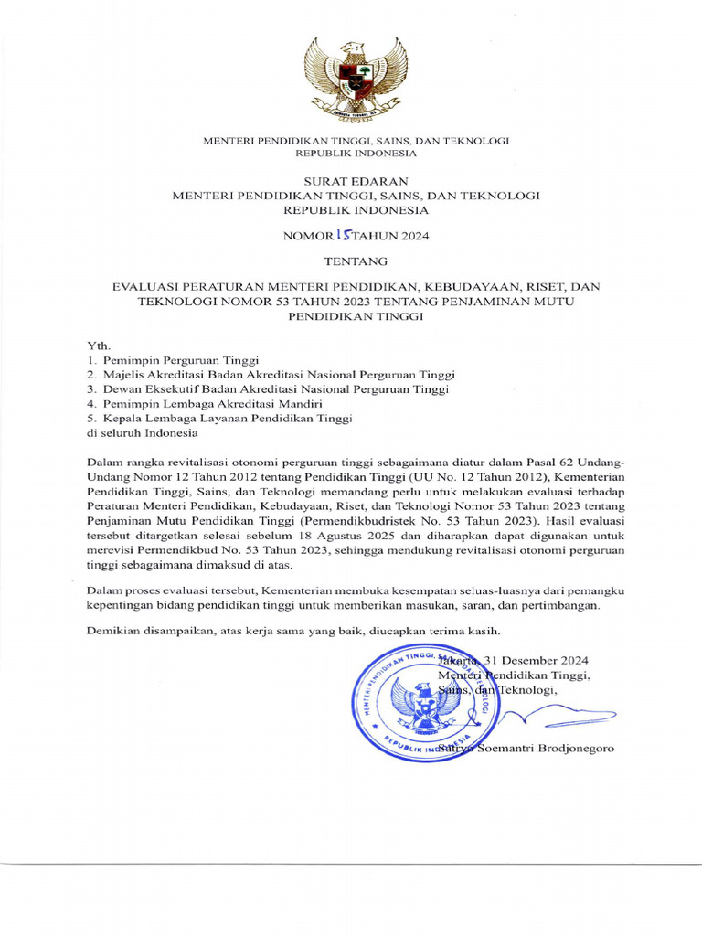 Surat Edaran Nomor 15 Tahun 2024 Tentang Evaluasi Permen No 53 Pdf
