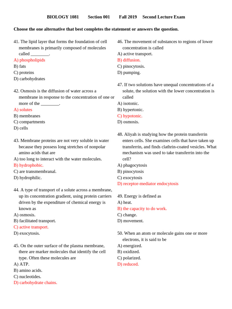 Section 001 Exam 2, Version A Key-1 | PDF | Adenosine Triphosphate | Cellular Respiration