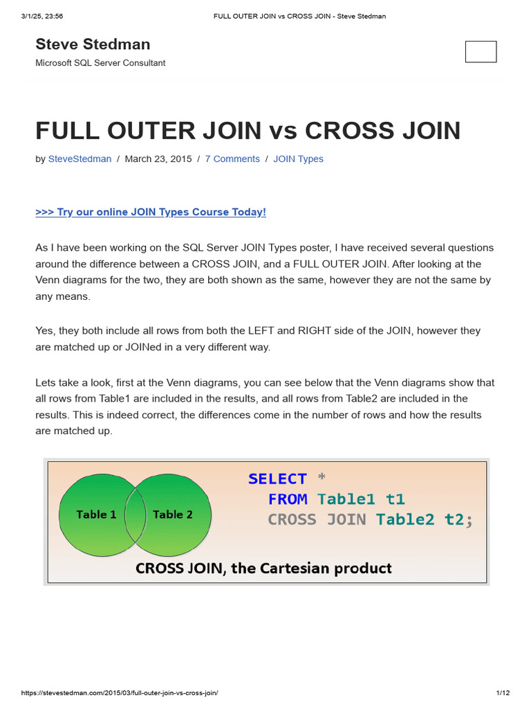 FULL OUTER JOIN vs CROSS JOIN - Steve Stedman | PDF | Data | Sql FULL OUTER JOIN vs CROSS JOIN - Steve Stedman | PDF | Data | Sql