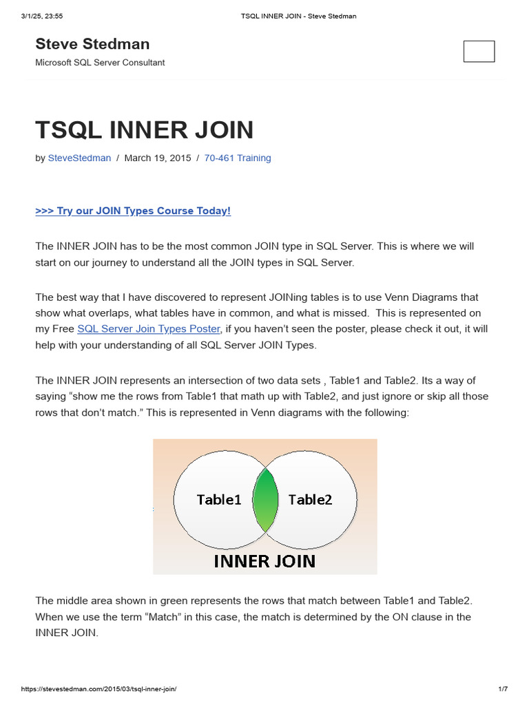 TSQL Inner Join - Steve Stedman | PDF | Microsoft Sql Server | Sql
