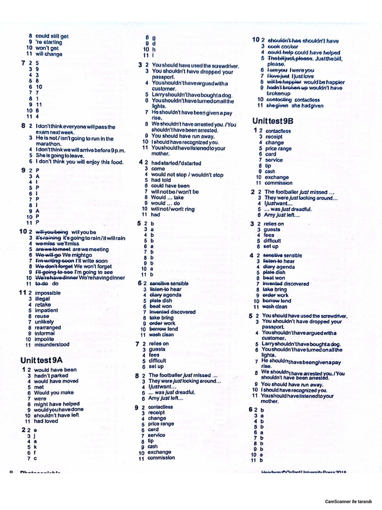 Unit Test 9A Answer Key | PDF