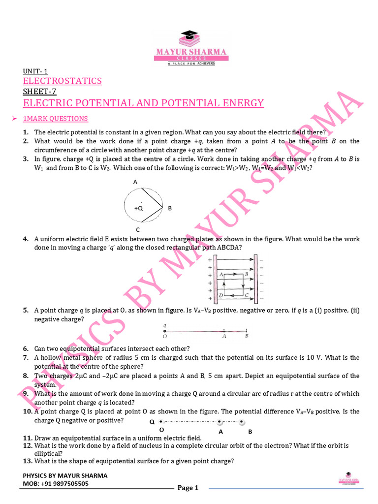 Worksheet-7 Electric Potential & Potential Energy | PDF | Electromagnetism | Theoretical Physics