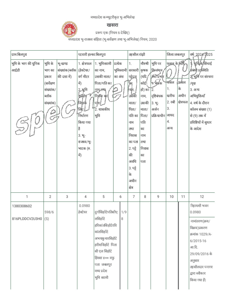 Mpbhulekh - Gov.in 8092 UniSearch GetKhasraCopyView Dist Id 33&teh Id ...
