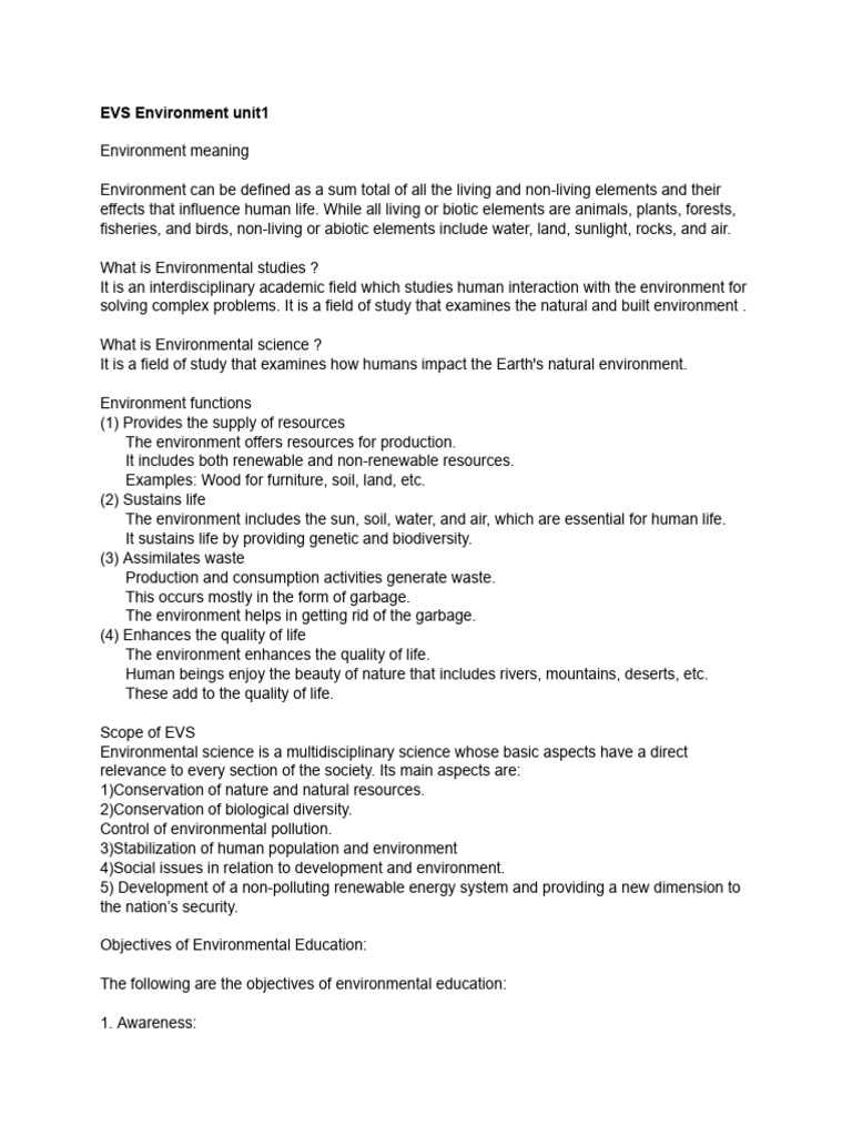 EVS Environment unit1 | PDF | Natural Environment | Sustainability