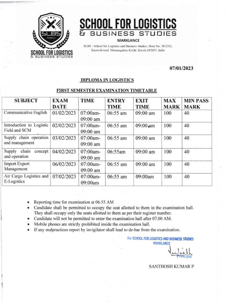 First Semester Exam Time Table - 0001 | PDF