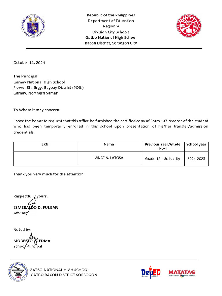Request Letter Form 137 | PDF