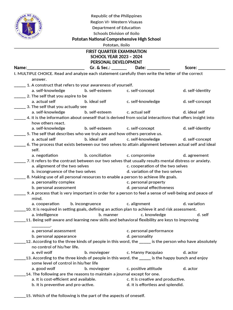 Personal Development Exam - Grade 11 | PDF | Self Concept | Thought