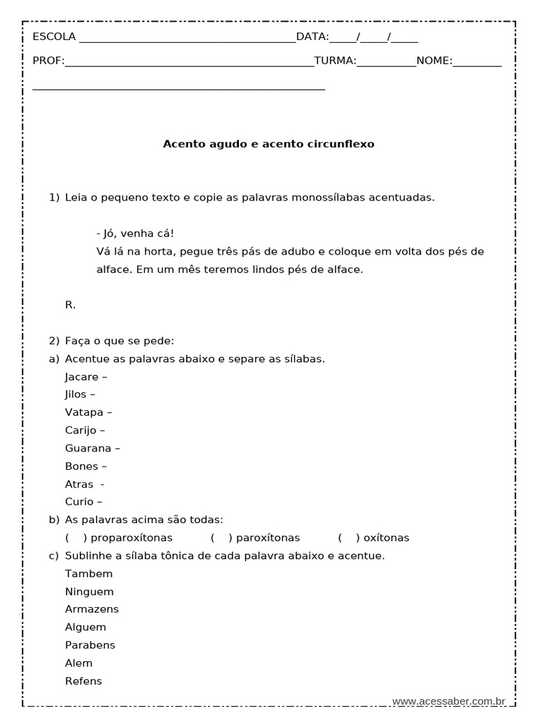 Acento Agudo e Acento Circunflexo 3 Ano Modelo Editavel | PDF