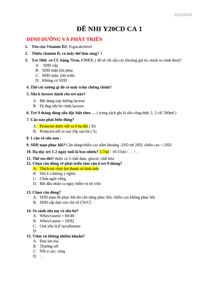 Đề NHI Y20 ca 1 | PDF