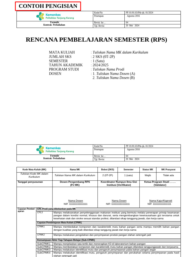 Contoh Pengisian RPS 2024 - Polkestanka | PDF