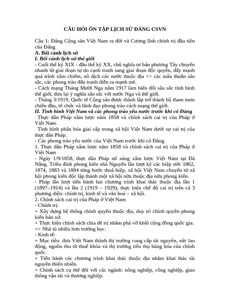CÂU HỎI ÔN TẬP LỊCH SỬ ĐẢNG CSVN | PDF
