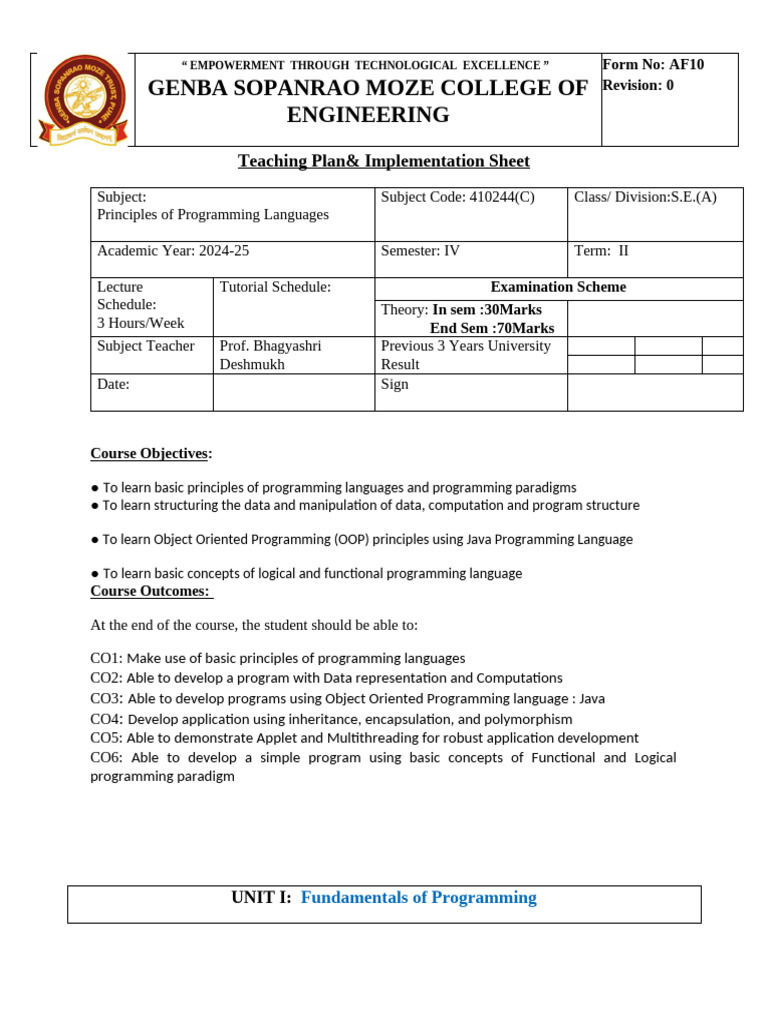 PPL Teaching Plan Div - A 24-25 Sem II | PDF | Method (Computer Programming) | Class (Computer ...