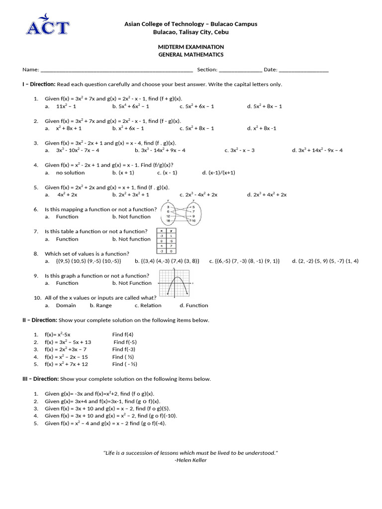 General Mathematics Midterm Exam | PDF | Function (Mathematics) | Mathematical Relations