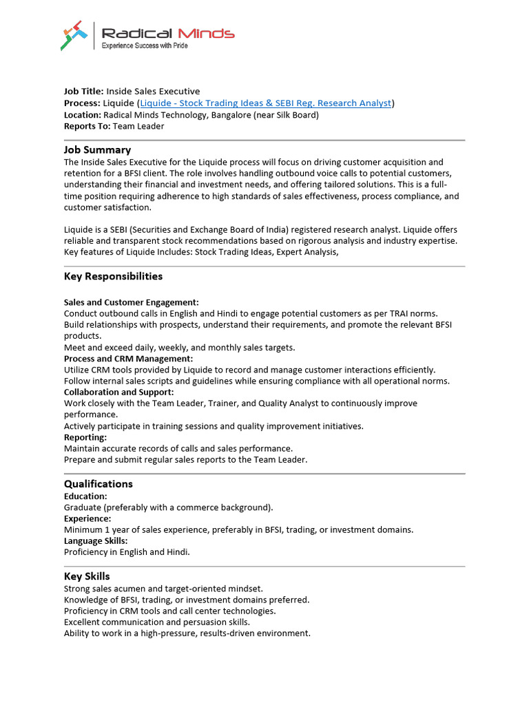 Job Description - Inside Sales Executive | PDF | Customer Relationship ...
