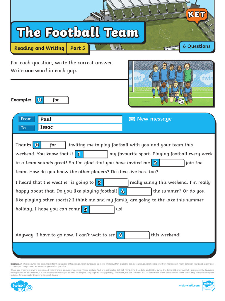 A2 KET Reading Part 5 (Football Team) | PDF | English As A Second Or ...