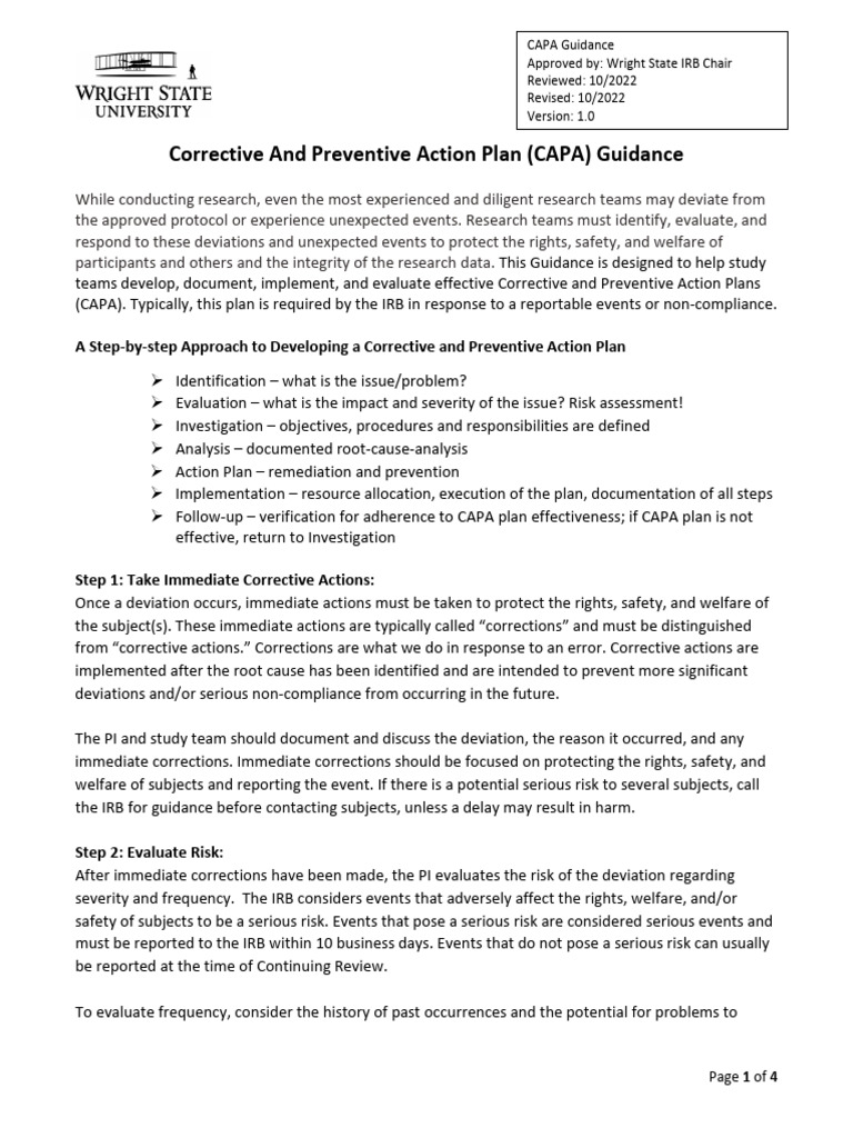 CAPA Follow-Up Guidance for Researchers | PDF | Risk