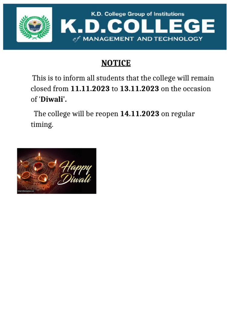 College Diwali Break Notice | PDF