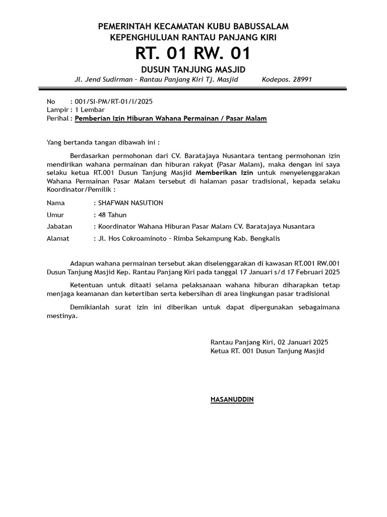 Surat Izin Pasar Malam Ketua Rt. 001 | PDF