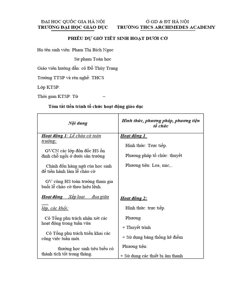 Phiếu dự giờ shdc | PDF