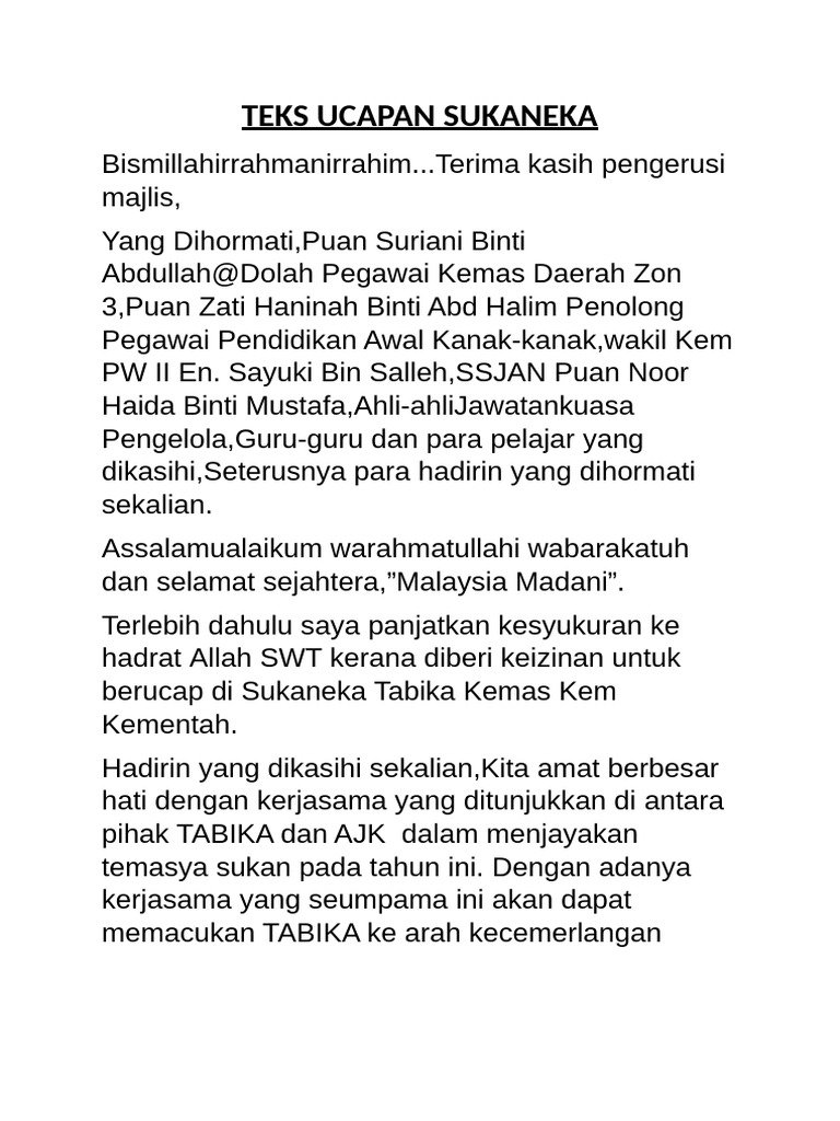 Teks Ucapan Sukaneka | PDF