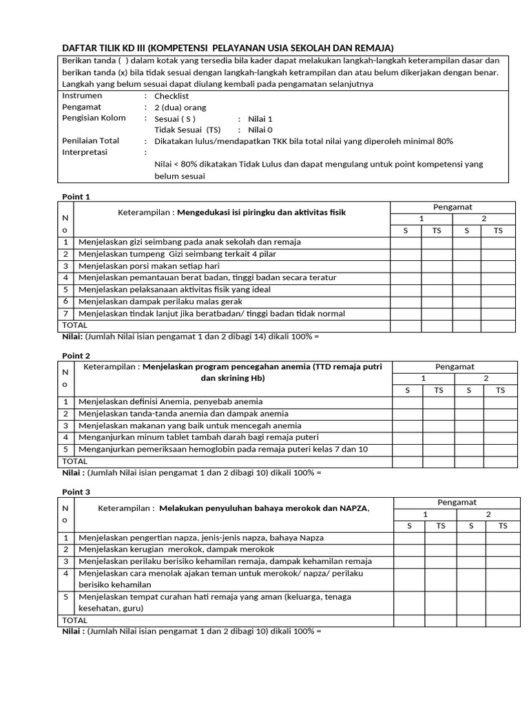 Checklist Kader Remaja Sehat | PDF