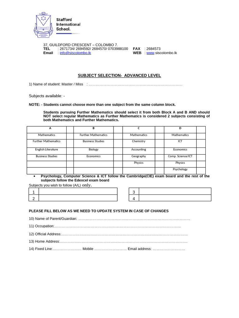 Advanced Level Subject Selection Form | PDF