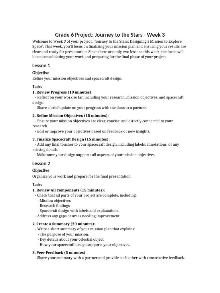 Grade 6 Journey To The Stars Week 3 Lesson by Lesson Redo | PDF