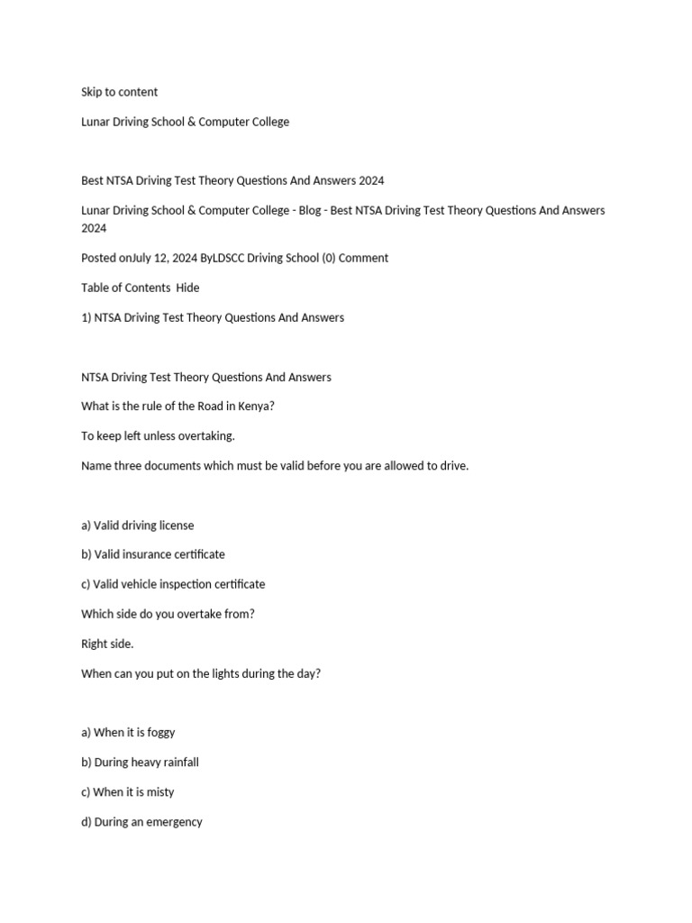 NTSA Driving Test Theory Guide 2024 | PDF | Traffic | Traffic Light