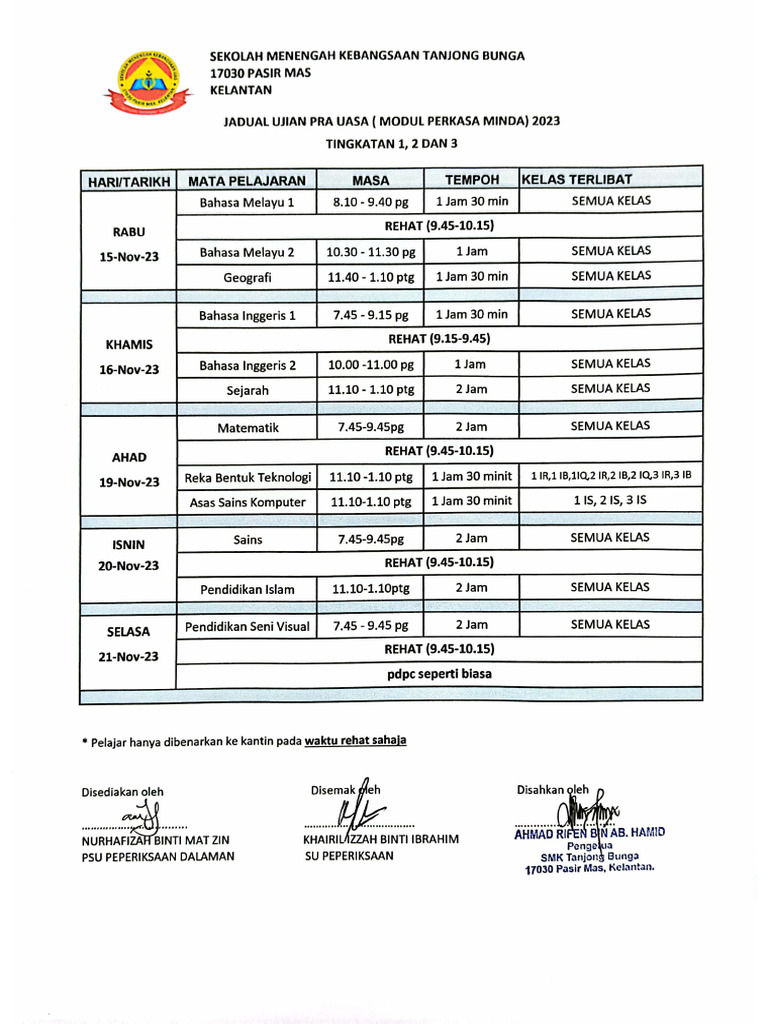 Jadual Ujian Pra Uasa T123 & Pengurus Soalan | PDF