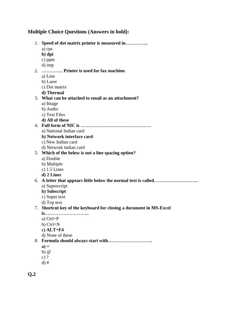 Multiple Choice Questions | PDF | Printer (Computing) | Spreadsheet