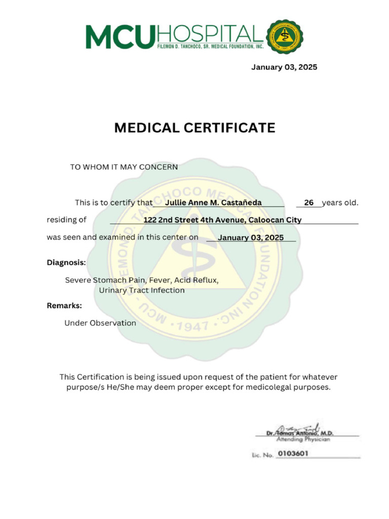 Medcert Ms. Castañeda Mcu Hospital | PDF