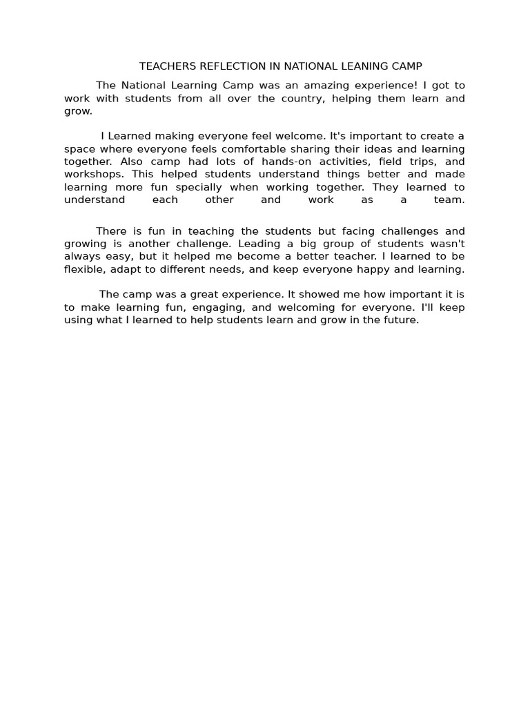TEACHERS REFLECTION IN NATIONAL LEANING CAMP | PDF