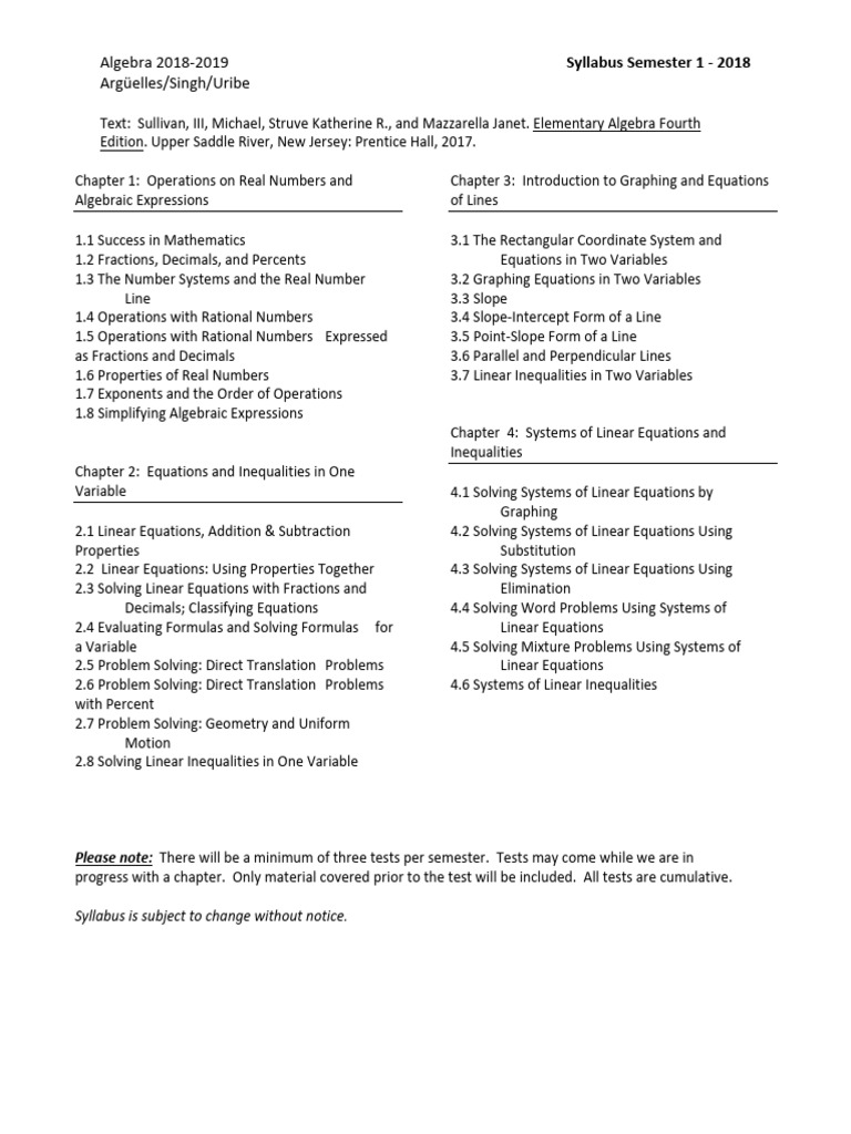 Algebra Syllabus 2018 2019 | PDF | Factorization | Equations