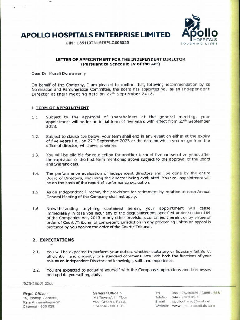 Letter of Appoitment DR Murali | PDF | Board Of Directors | Information ...