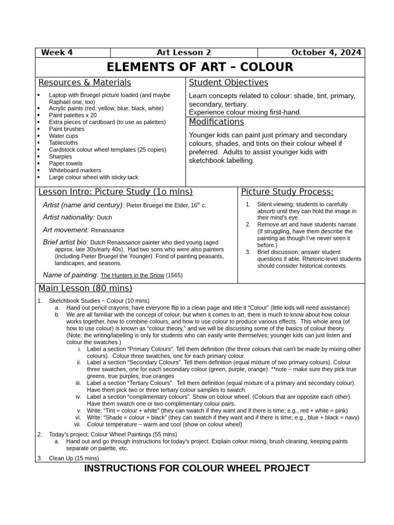 Homeschool Co-op Art Lesson Plan - Elements of Art - Colour | PDF ...