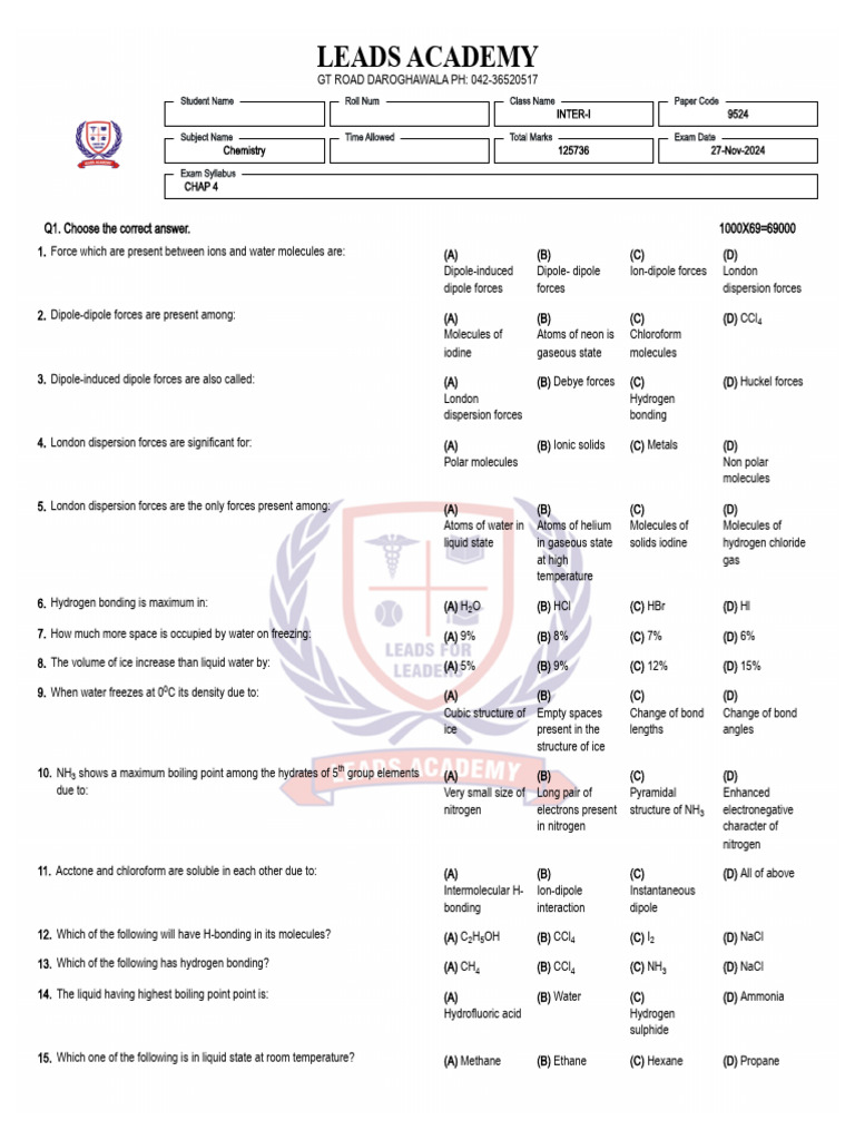 FSC I - Chemistry - Ch#4 Solved MCQs and Unsolved Short Questions - Shaikh Waqas Ahmed Behzad ...