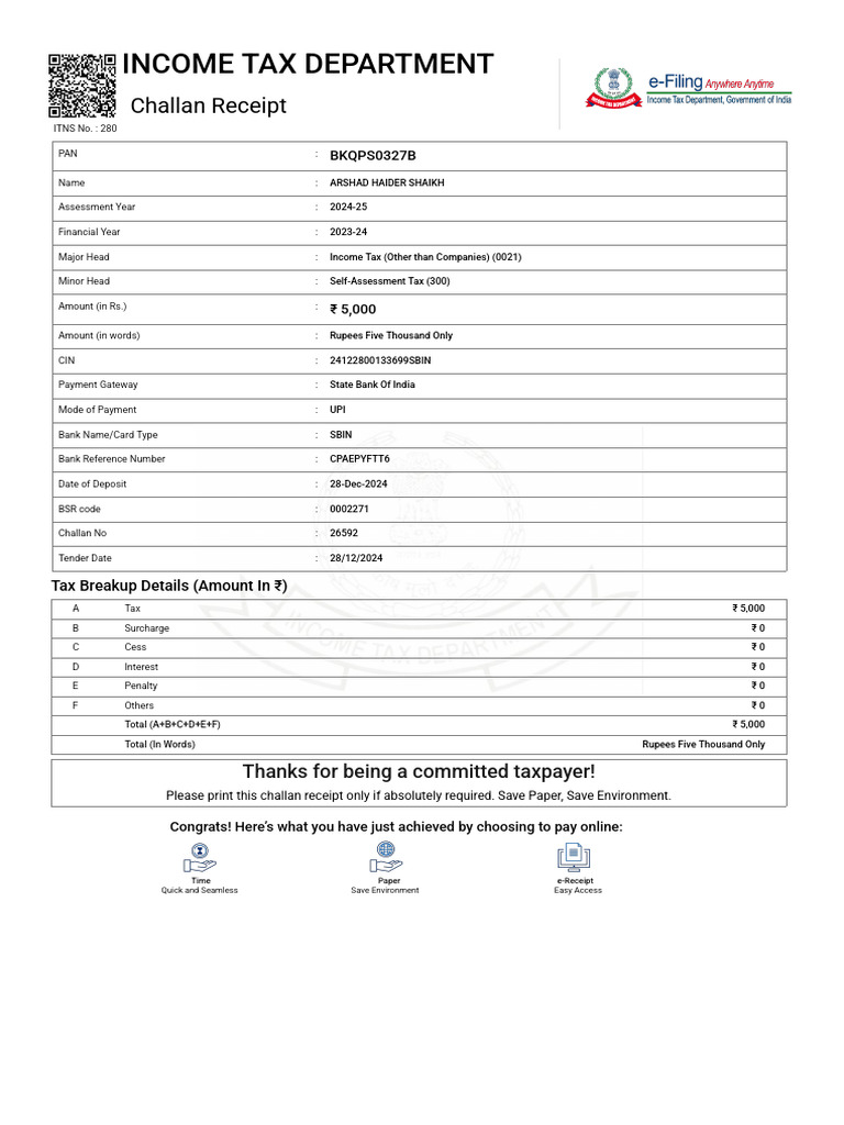 Income Tax Challan Receipt ITNS 280 | PDF | Economies | Taxation