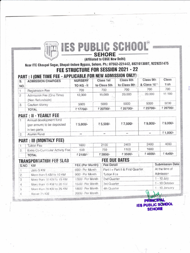 Fee Structure Sehore Half | PDF